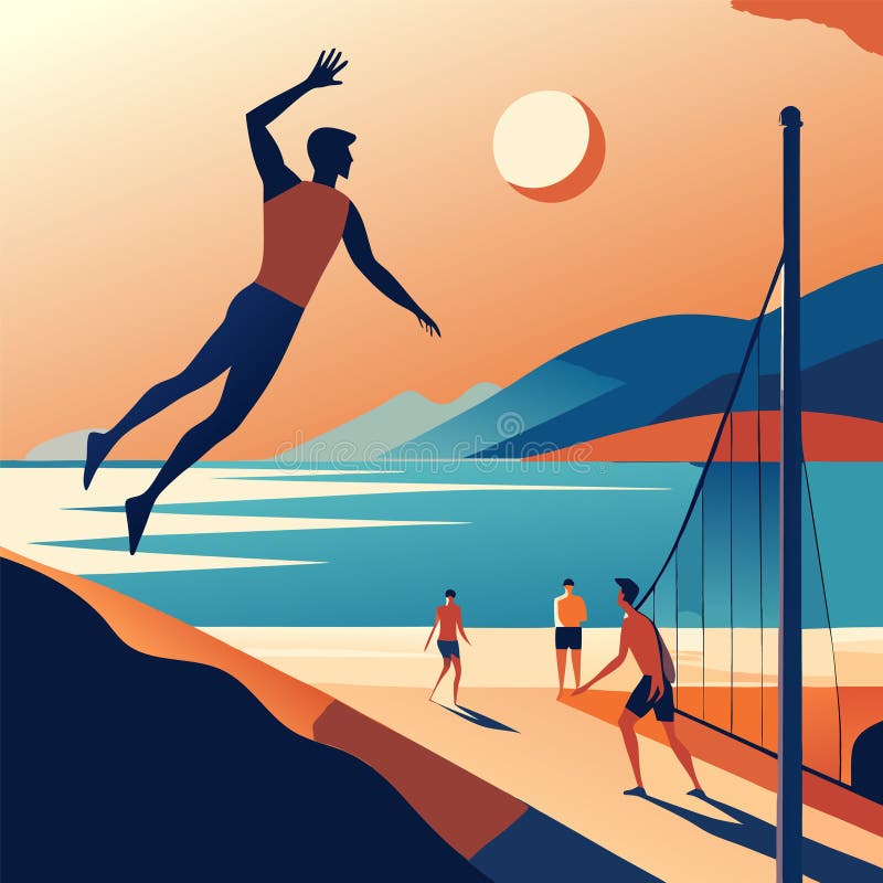 Beach Volleyball Scene in Flat Colors with Man, Jumping for a Ball ...
