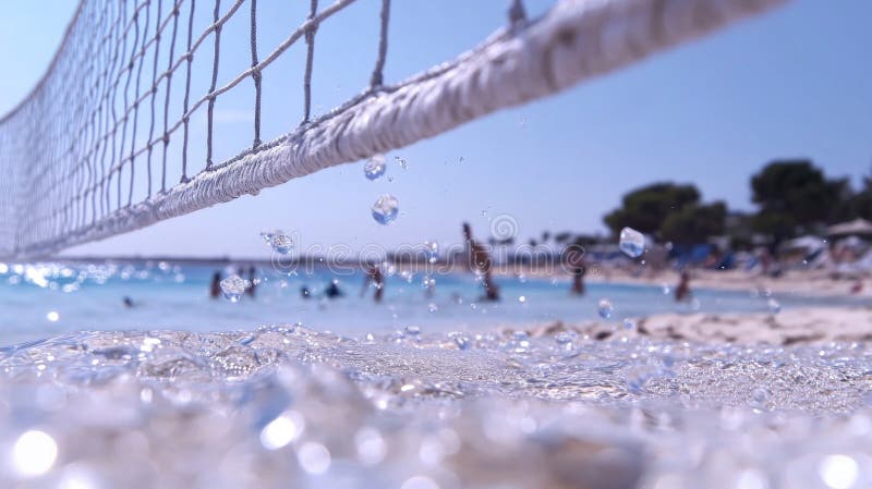 Beach Volleyball Scene with Net and Ocean in Summer Stock Photo - Image ...