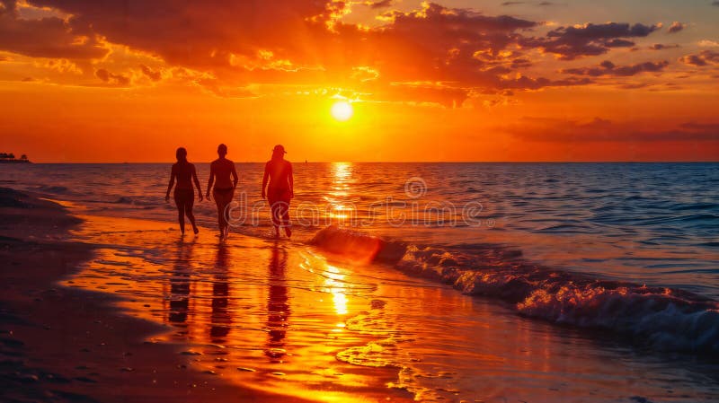 Beach Walk at Sunset stock illustration. Illustration of dusk - 308732691