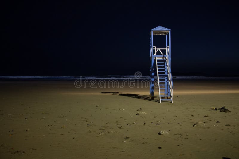 Beach Watchtower on the Beach of Essaouira Illuminated at Night Stock ...