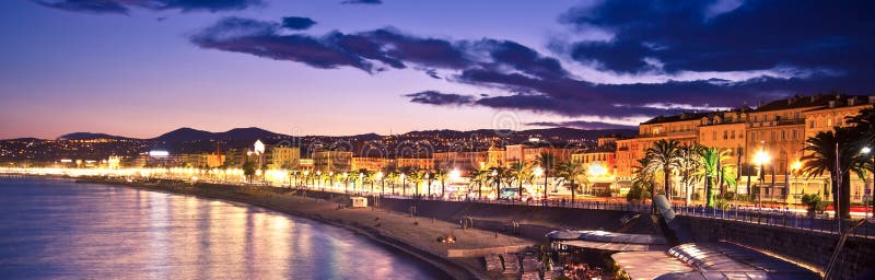 The Beach and the Waterfront of Nice at Night, France Stock Image ...