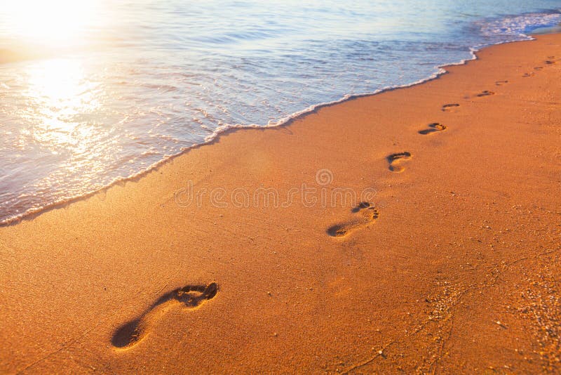 Wave and Footprints on the Sand Stock Image - Image of golden, holiday ...