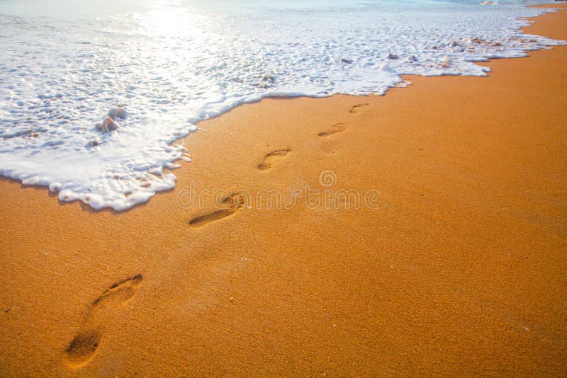 Beach, Wave and Footprints at Sunset Time Stock Image - Image of sunset ...