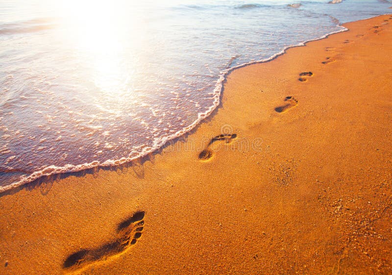 Beach, Wave and Footprints at Sunset Time Stock Photo - Image of ...