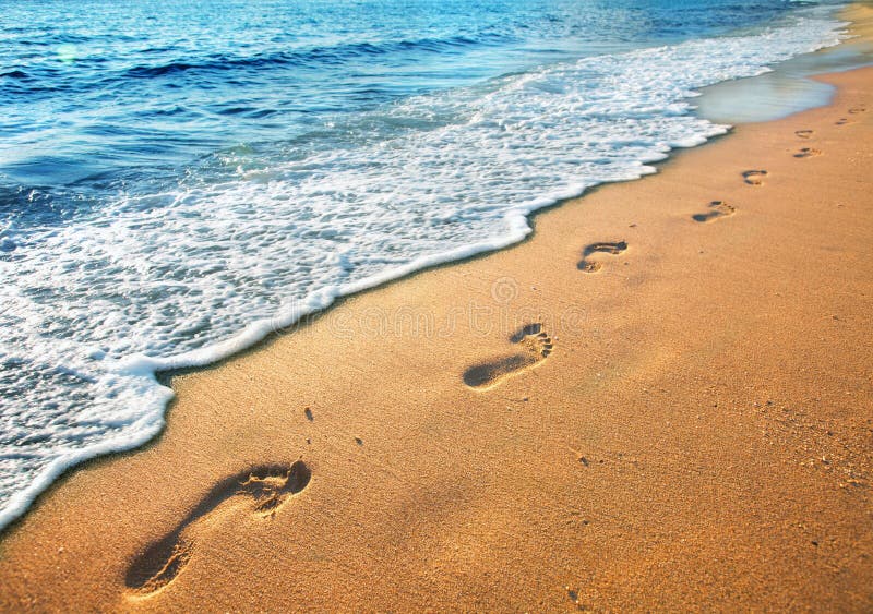 Beach, Wave and Footprints at Sunset Time Stock Photo - Image of relax ...