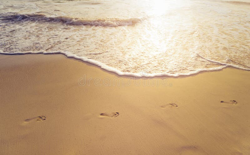 Beach, Wave and Footprints at Sunset Time Stock Photo - Image of path ...