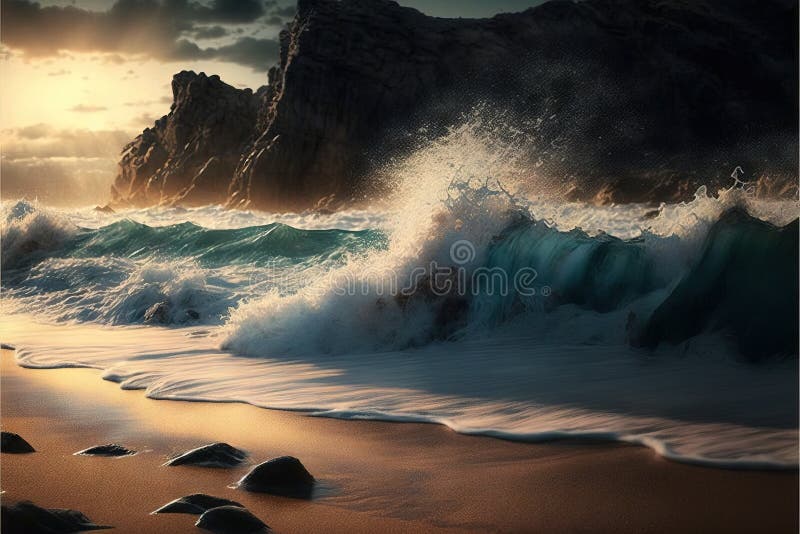 A Beach with Waves Crashing on the Shore and a Rock Formation in the ...