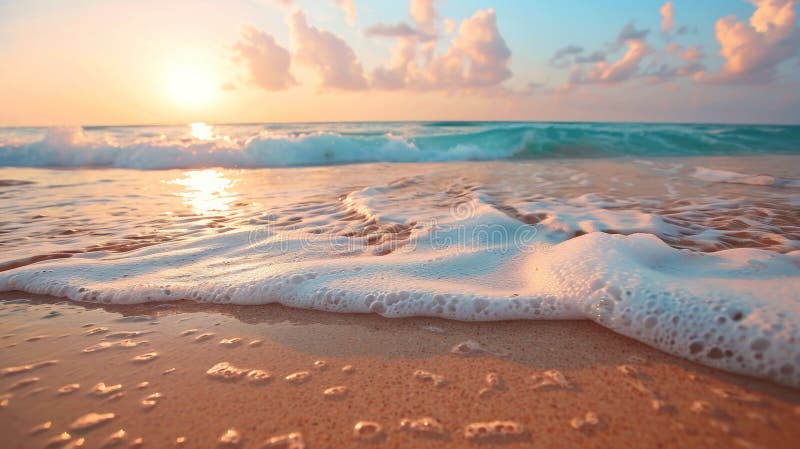 A Beach with Waves and Foam on the Shore at Sunset, AI Stock Image ...