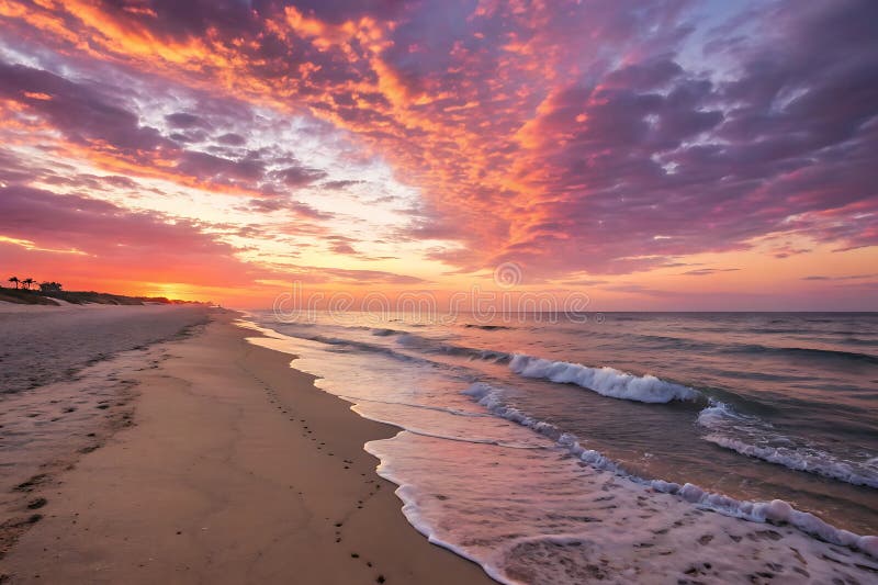 A Beach with Waves and a Sunset Background Stock Image - Image of nature, evening: 353329307