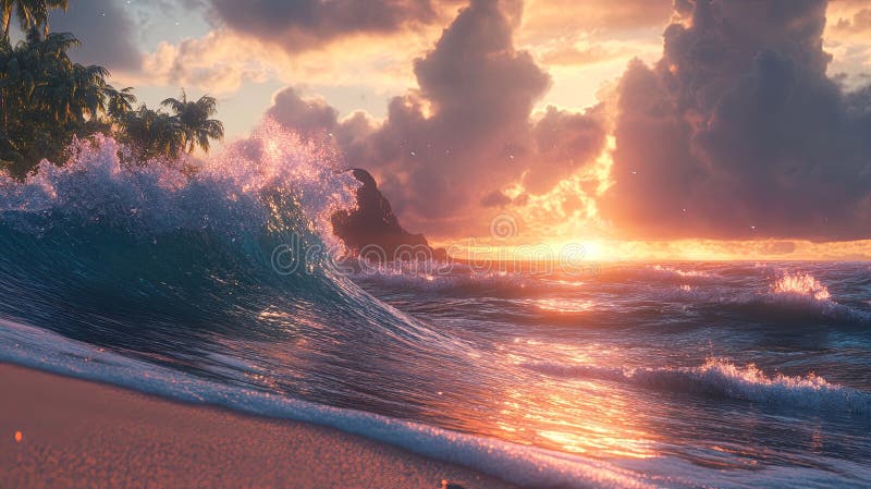 Beach Waves Sunset, Realistic, Cinematic Light, Sharp Focus. Stock ...