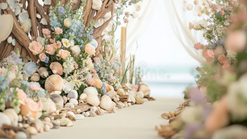Beach Wedding Ceremony Decor with Seashells and Flowers Stock Image ...