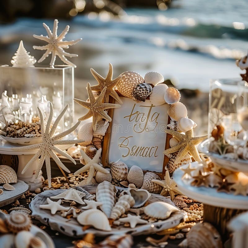 Beach Wedding Decor with Seashells and Starfish Stock Image - Image of ...