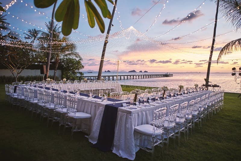 Beach Wedding Reception Dinner Venue Setting Ar Sunset Stock Image ...