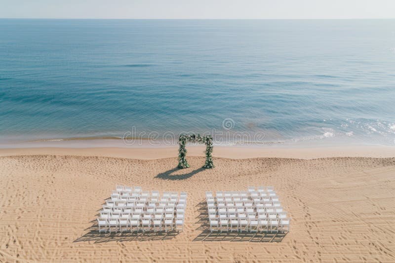 Beach Wedding Setup with Ocean Backdrop and White Chairs Stock Image ...