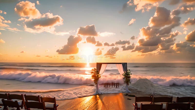 A Beach Wedding Setup at Sunset with Elegant Decor, Chairs, and a ...