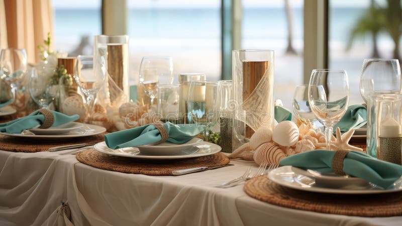 Beach Wedding Table Setting Stock Illustration - Illustration of place ...