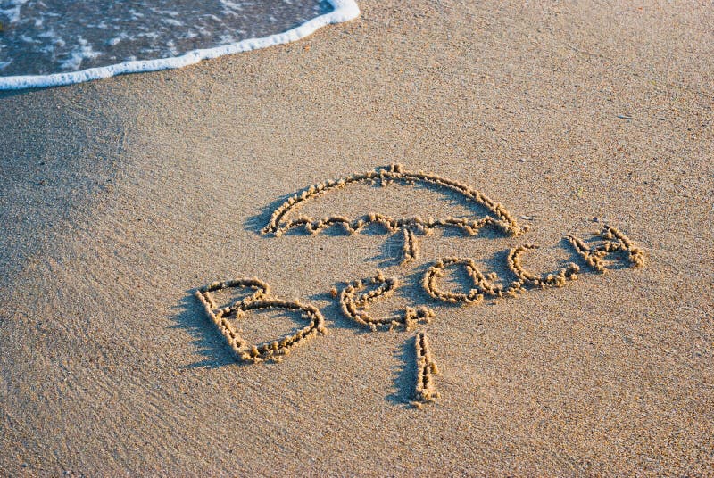 Beach word with umbrella stock photo. Image of arts, greeting - 60157420