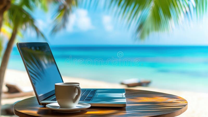 Beach Workspace with Laptop and Coffee, Tropical Setting Stock Image ...