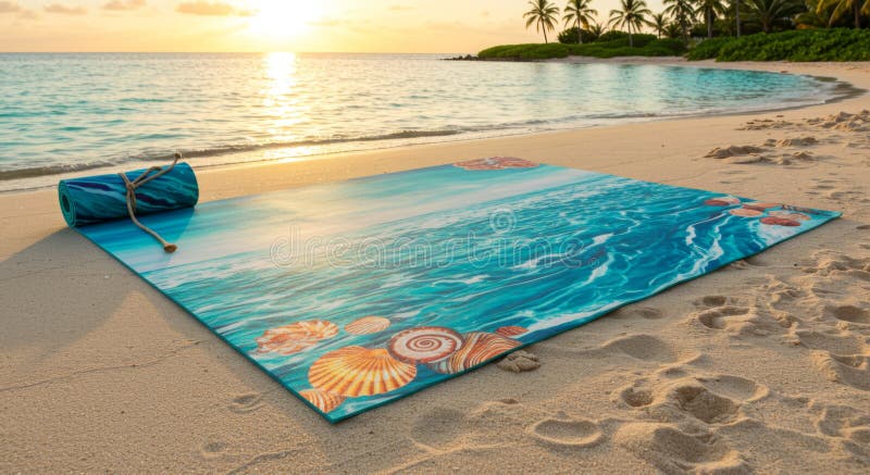 Beach Yoga Mat with Seashell Design at Sunset Stock Illustration ...