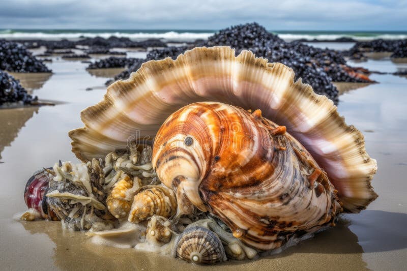 Beachcomber Finds Beautiful Shell Amidst the Sand and Seaweed Stock ...