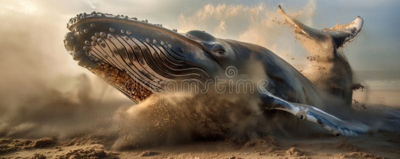 Beached Whale Flounders in Sandy Surf with Dynamic Spray Stock Image ...