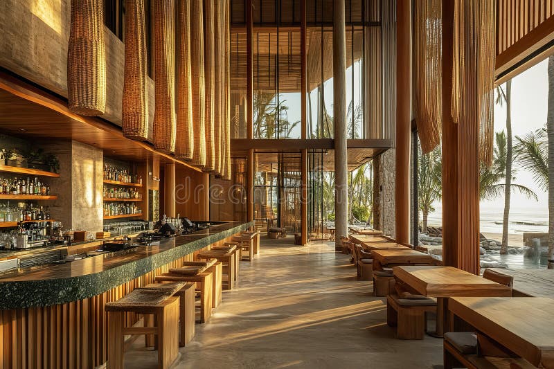 Beachfront Bar Features Wooden Interiors, Lush Greenery, and a Sunset ...
