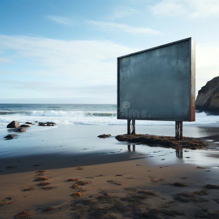 Beachfront Billboard Empty Display Amidst Sandy Shore and Expansive ...