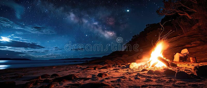 Beachfront Bonfire Gathering Around the Fire Under a Starlit Sky Stock ...