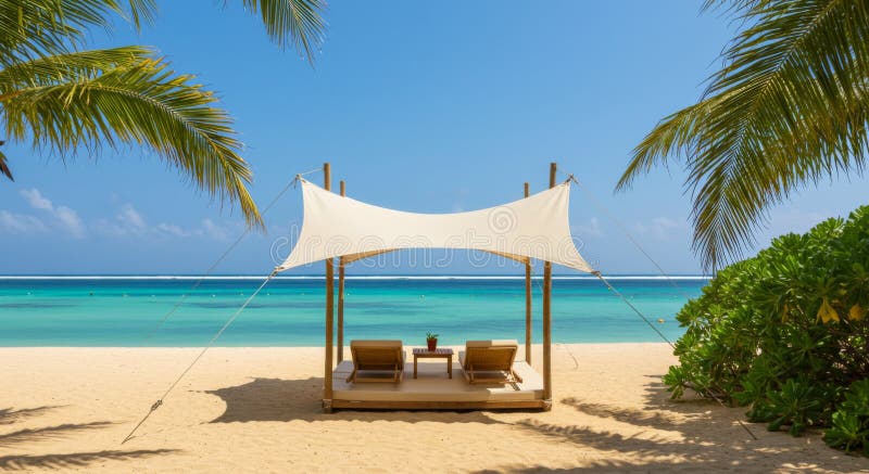 Beachfront Cabana Under White Shade on Tropical Shore Stock ...