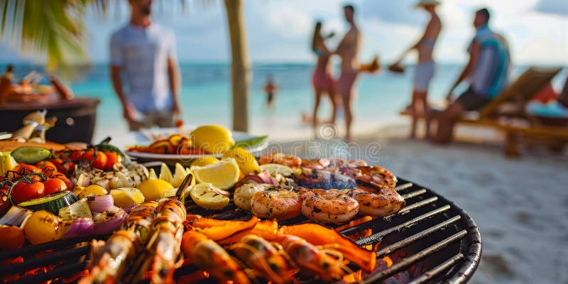 Beachfront Cookout with Friends Grilling Seafood and Vegetables ...