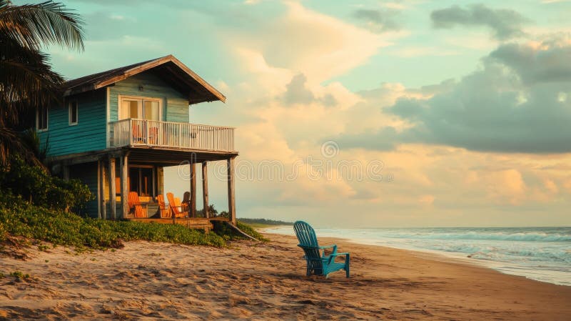 Beachfront Cottage at Sunset. AI Generated Stock Illustration ...