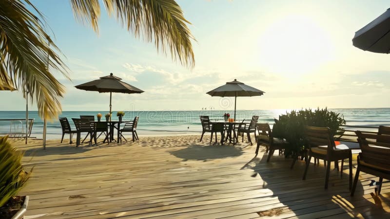 Beachfront Deck with Shaded Tables and Chairs Under Morning Sunlight ...