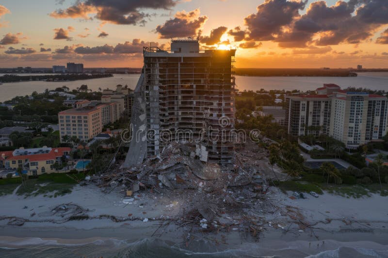 Beachfront High-rise Building Collapse at Sunset Stock Image - Image of ...