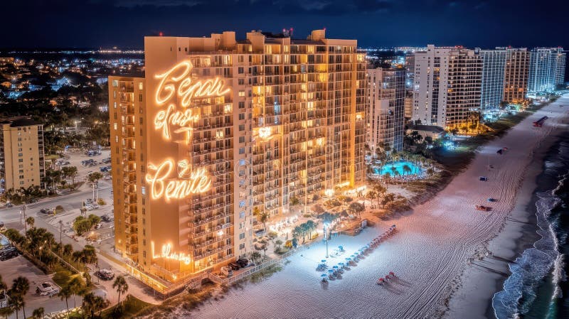 Beachfront Hotel Night View Stock Illustration - Illustration of ...