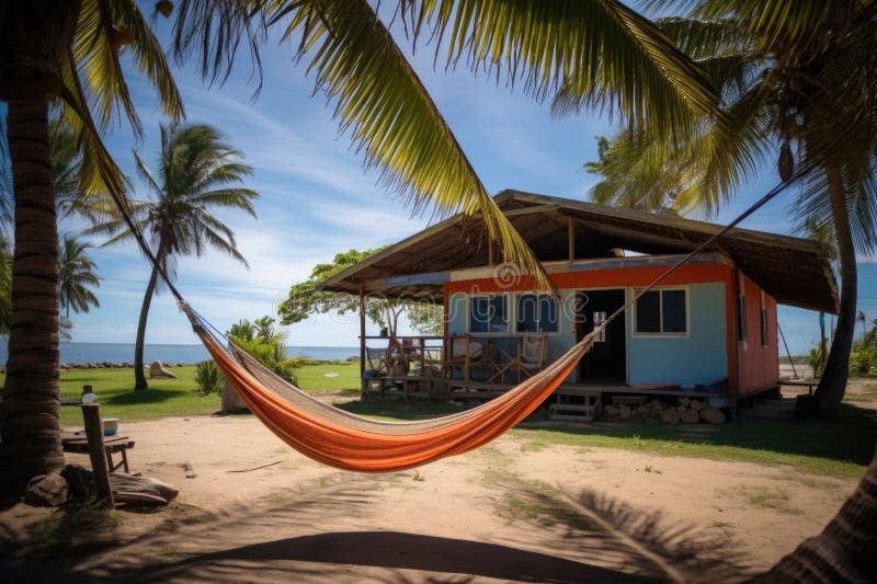Beachfront Hut with Hammock on a Sunny Day Stock Photo - Image of ...