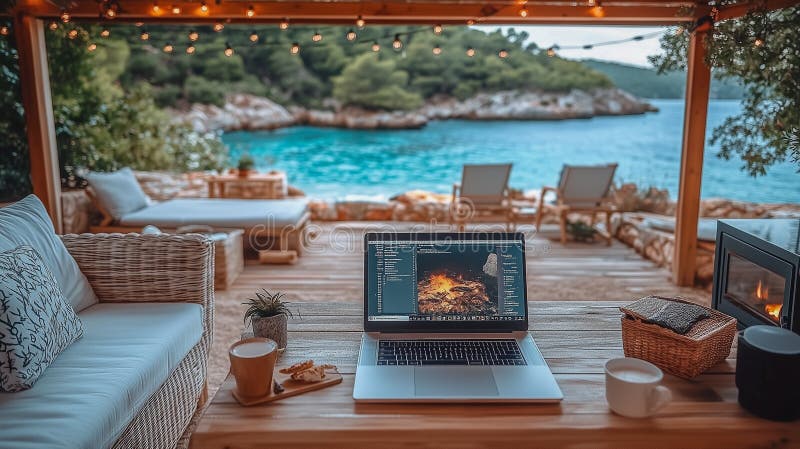 Beachfront Remote Work Setup Stock Illustration - Illustration of ...