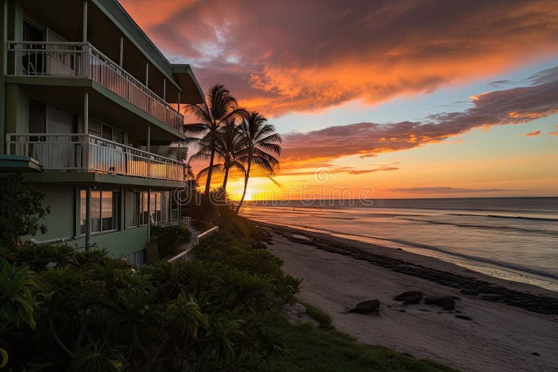 Beachfront Resort, with View of the Sunset Over the Ocean Stock ...