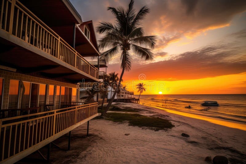 Beachfront Resort, with View of the Sunset Over the Ocean Stock ...