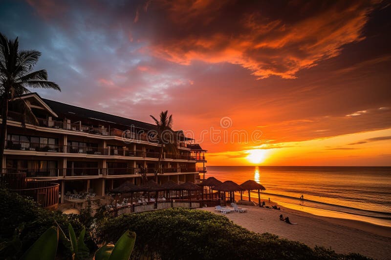Beachfront Resort, with View of the Sunset Over the Ocean Stock Photo ...