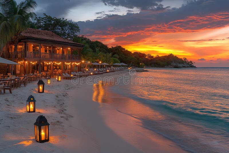 Romantic Beach Restaurant Sunset Dinner Stock Illustration ...