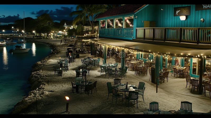 Beachfront Restaurant Night Scene, Caribbean, Tables, Dining Stock ...