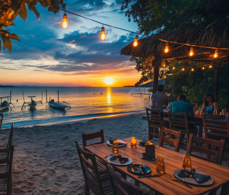 Beachfront Restaurant at Sunset Stock Image - Image of beach, trees ...