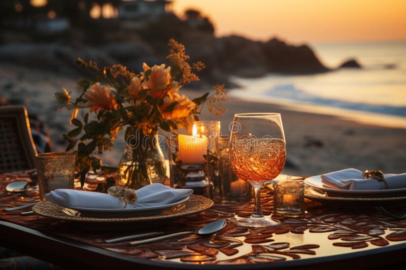 Beachfront Romance Sunset Dinner Setting by the Sea Stock Illustration ...