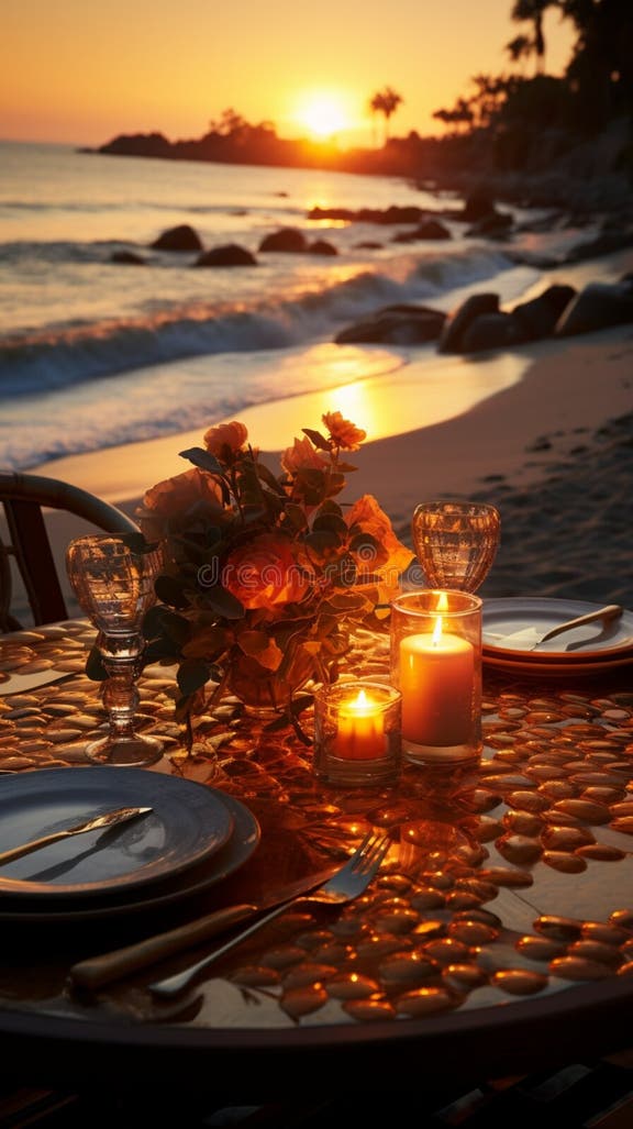 Beachfront Romance Sunset Dinner Setting by the Sea Stock Illustration ...