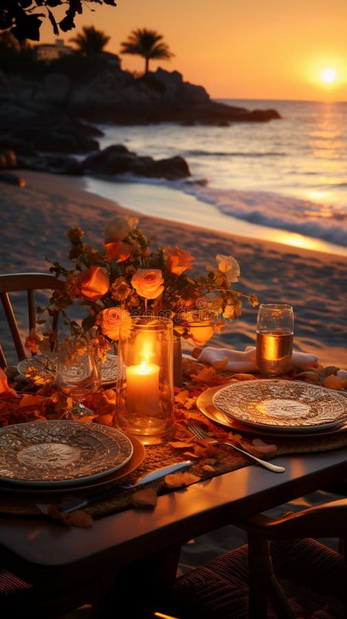 Beachfront Romance Sunset Dinner Setting by the Sea Stock Illustration ...