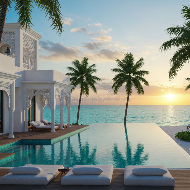 Beachfront Scene with an Infinity Pool Adjacent To a White, Intricately ...
