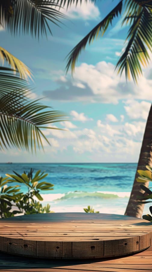 Beachfront Scene with Wooden Table, Tropical Setting. Relaxation and ...