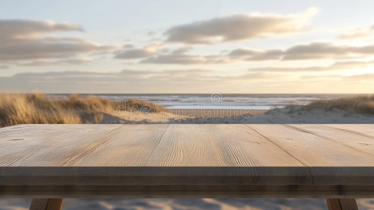 Beachfront Serenity Rustic Table Overlooking Sand, Sea and Sky Stock ...