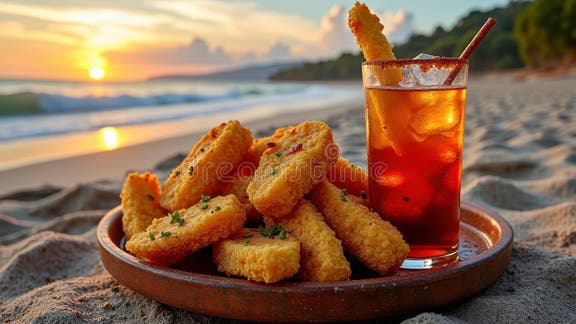 Beachfront Sunset with Crispy Snacks and Refreshing Drink on Sandy ...