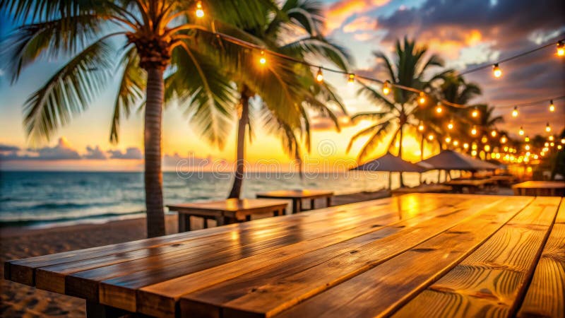 Beachfront Sunset Wooden Table Perspective, String Lights, Palm Trees ...